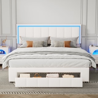 Queen Size LED Light Platform Bed Upholstered Bed with 1 Large Drawer ...