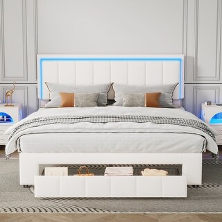 Queen Size LED Light Platform Bed Upholstered Bed with 1 Large Drawer ...