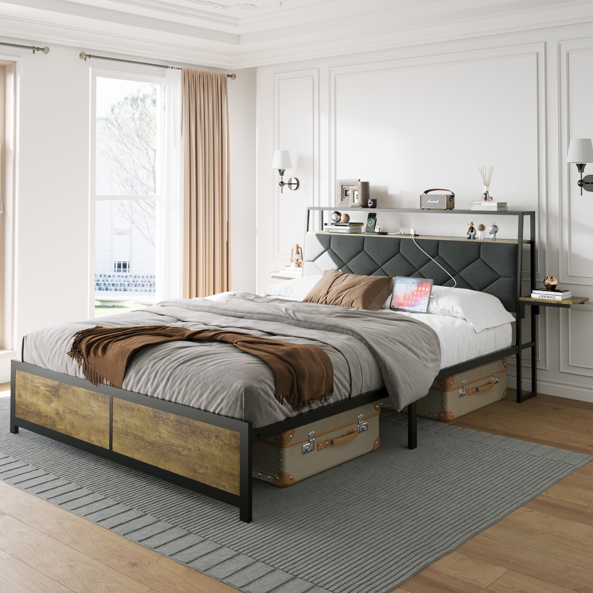 Queen headboard with shelves and lights store