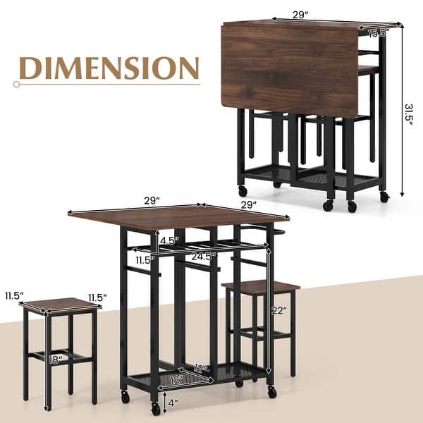 Costway 3 PCS Rolling Dining Table Set Extendable Kitchen Table 2 - Bed ...