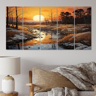 Designart "Golden Sunrise Silhouetted IV" Landscapes Multipanel Wall ...