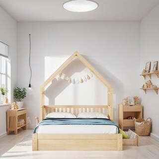 Queen Size House-shaped Bed with Half-guard, Wooden Platform Bed with ...