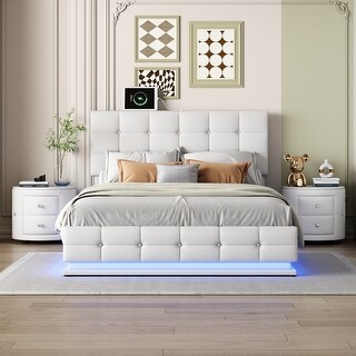 3-Pieces Bedroom Sets With Queen LED Storage Platform Bed and 2 ...