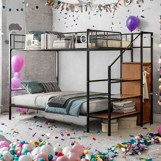 Versatile Design Twin-over-Full Metal Bunk Bed with Wire Shelving and ...