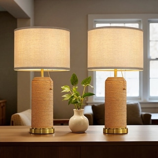 Table Lamp, Ratten Base Bedside Lamp with Beige Linen Lampshade for ...