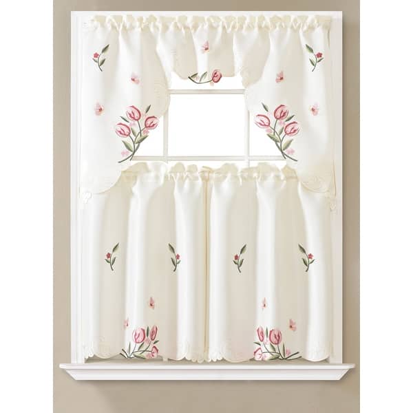 Daisy Floral Embroidered Kitchen Curtain Set with Valance & Tiers - Bed ...