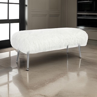 Ammy 45 Inch Bench with Foam Fill Seat, White Faux Fur, Silver Metal ...