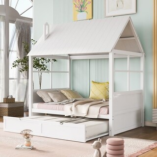 Full+Twin Size Pitched Roof Play House Bed Wood Daybed with Twin Size ...