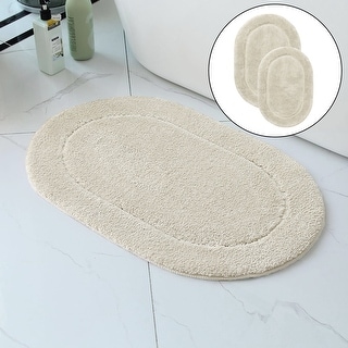 2 Piece Bath Mat Set - Ivory Oval Solid Bordered Bathroom Mat Soft ...