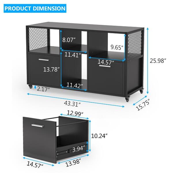 43 inch Wood File Cabinets, Mobile Lateral Filing Cabinet With 2 Drawer ...