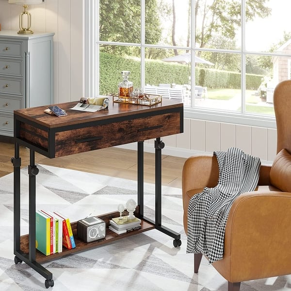 Adjustable Side Table Portable Desk with Drawers and Wheels for Home ...