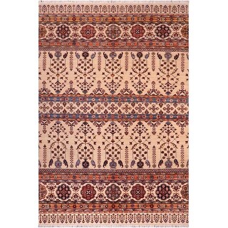Tribal Khurgeen Glenn Beige/Blue Hand-knotted Wool Rug - 5'9 x 7'5 - 5 ...