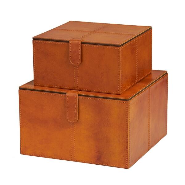 Brown Leather Storage Box with Snap Front Closure and Detailed ...