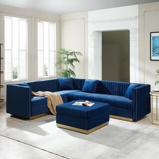 L-shape Sectional Sofa Set with Ottoman, Velvet Upholstered Couch with ...