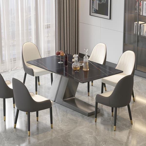 Modern Black Dining Table with Sintered Stone Rectangle Tabletop and ...