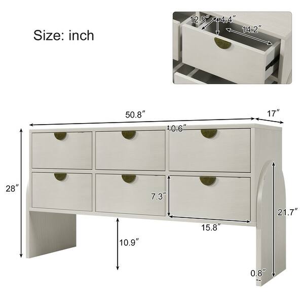 Vintage White Geometric Design 6-Drawer Dresser with Round Arch Legs ...