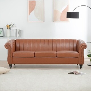 Traditional Rolled Arm Chesterfield Sofa PU Leather Three Seater Sofa ...