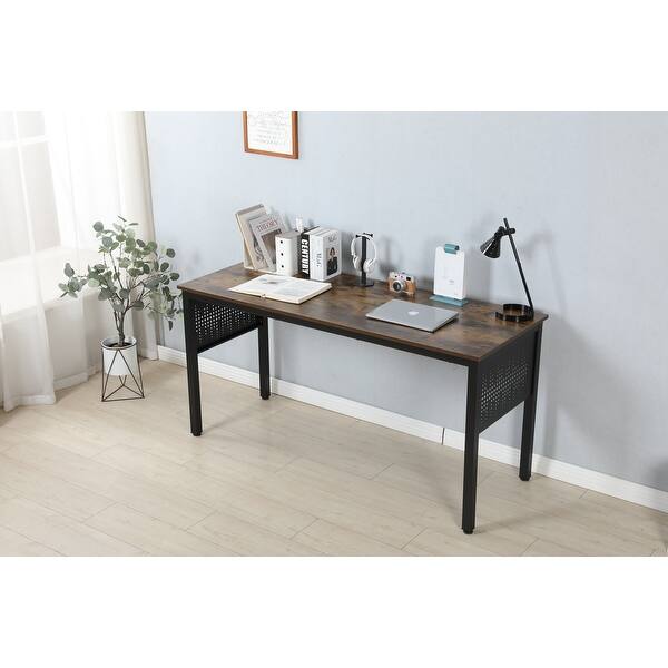 Black Home Office Desk Workstation with Metal Decorative Panel - Bed ...