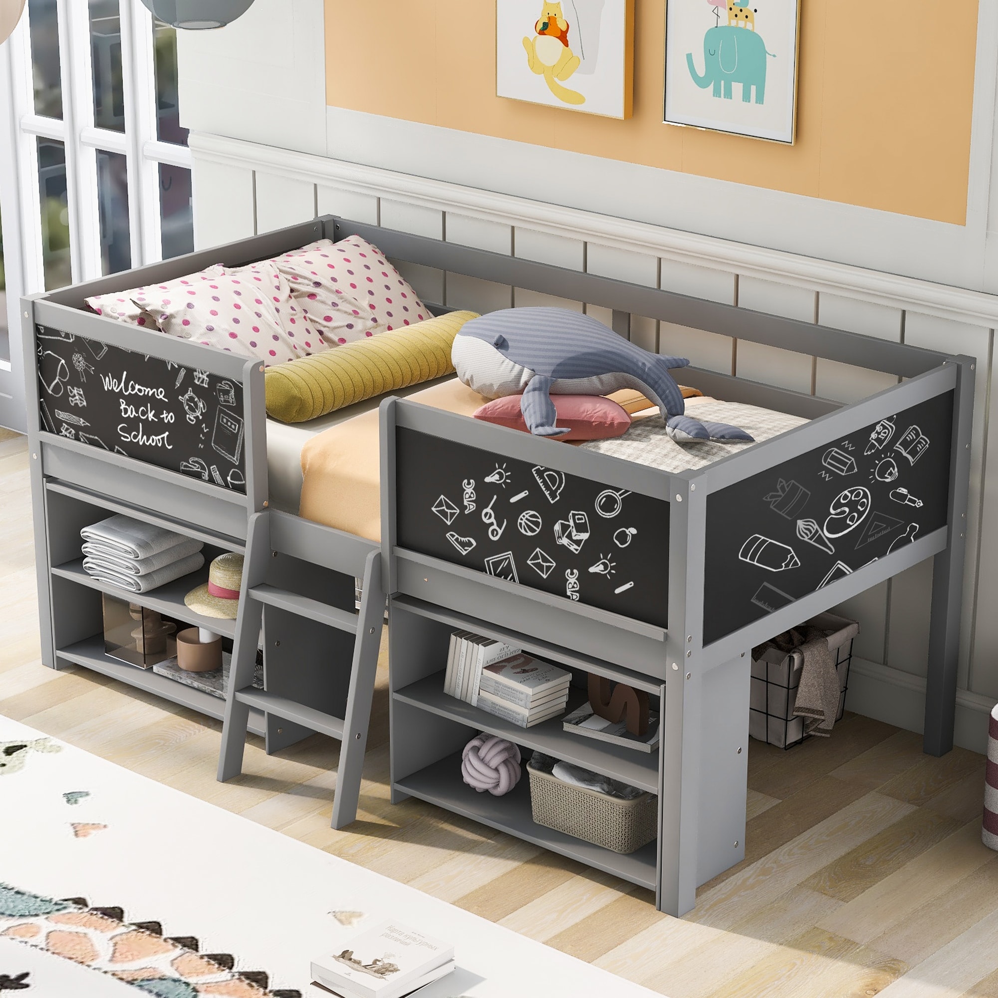 Twin Size Low Loft Kids Bed Frame with Movable Shelves Decorative Chalkboard Guardrails for Bedroom Easy Assembly Grey