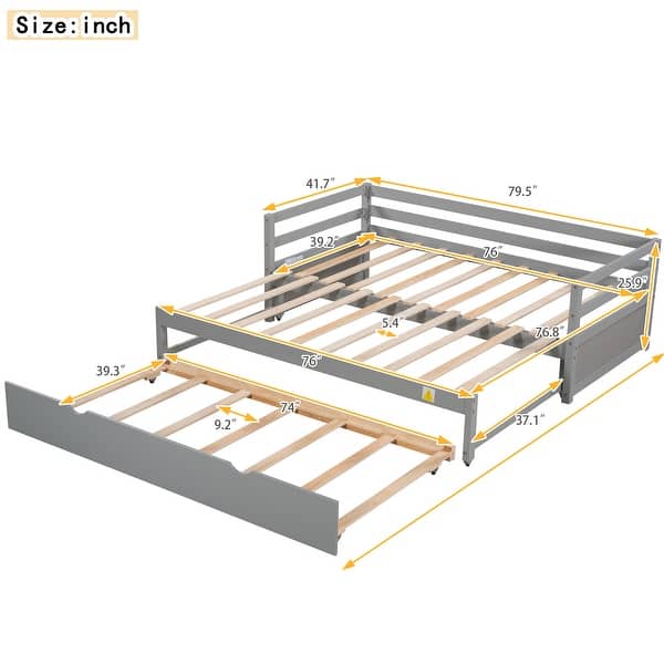 Twin Daybed w/Trundle Wood Extendable Day Bed Frame Twin to Double Twin ...
