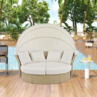 Outdoor Round Patio Daybed Wicker Rattan Double Daybed with Retractable ...