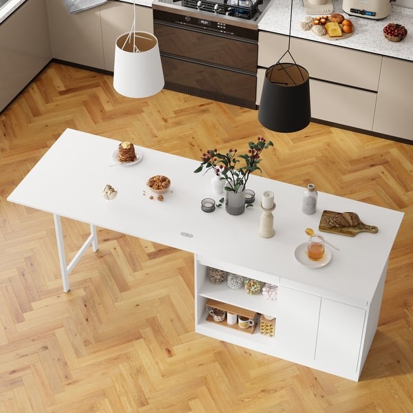 White Kitchen Island with Collapsible Dining Counter & Central Storage ...