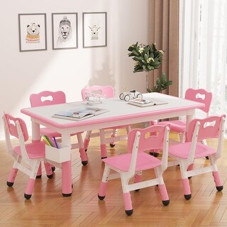 Height Adjustable Kids Table and 6 Chairs Set, Graffiti Writable Top ...