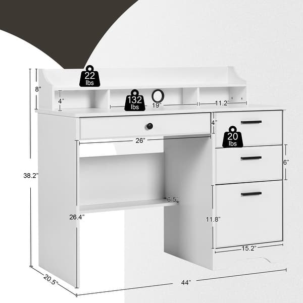 White Desk with Drawers, 44 Inch Desk with Storage Drawers, Home Office ...