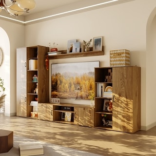 Modular Media Console Wall System with TV Back Panel and Storage, Oak ...