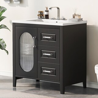 Modern Bathroom Storage Cabinet Vanity with Oval Hazy Glass Door ...