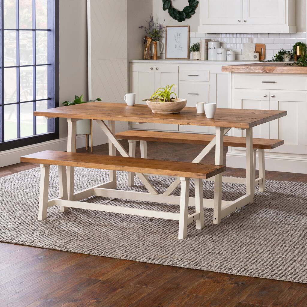 Walker Edison Solid Wood 3-Piece Farmhouse Trestle Dining Set ...