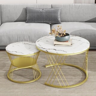 NWhite+Gold esting Table Set of 2, Hourglass-shaped Coffee Table Marble ...