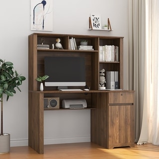 Wooden Computer Desk with Hutch & Bookshelf, Executive Desk Home Office ...