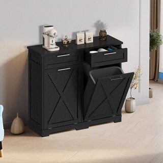 Kitchen Wooden Double Tilt Out Trash Can Cabinet with 2-Drawer Fits 10 ...