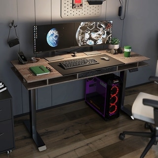 Electric Height Adjustable Computer Desk w/ Tobacco Wood Lift Top - Bed ...