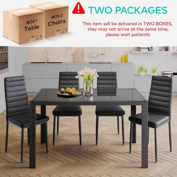 5 Pieces Glass Dining Table Set 4 Person Modern Home Kitchen Chairs with High Back PU Leather Dining Chairs