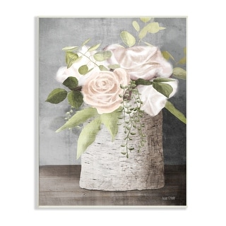 Stupell White Roses and Botanicals on Birch Stump Painting Wood Wall ...