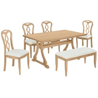 6pcs Kitchen Set with Triangle Trestle Table, Chairs & Bench, Natural ...