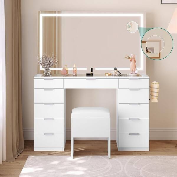 46''Makeup Vanity 11 Drawers Glass Top Vanity - Bed Bath & Beyond ...