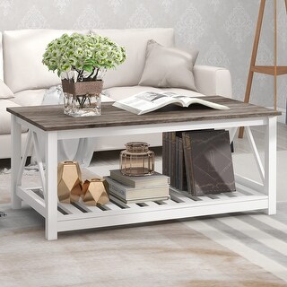 Farmhouse Coffee Table with Storage, 2-Tier Rectangular Wooden Centre Cocktail Table with Slats ...