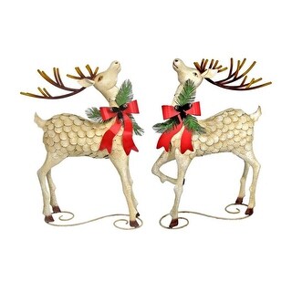 Set of 2 Galvanized Christmas Reindeer in White Finish with Red Ribbon ...