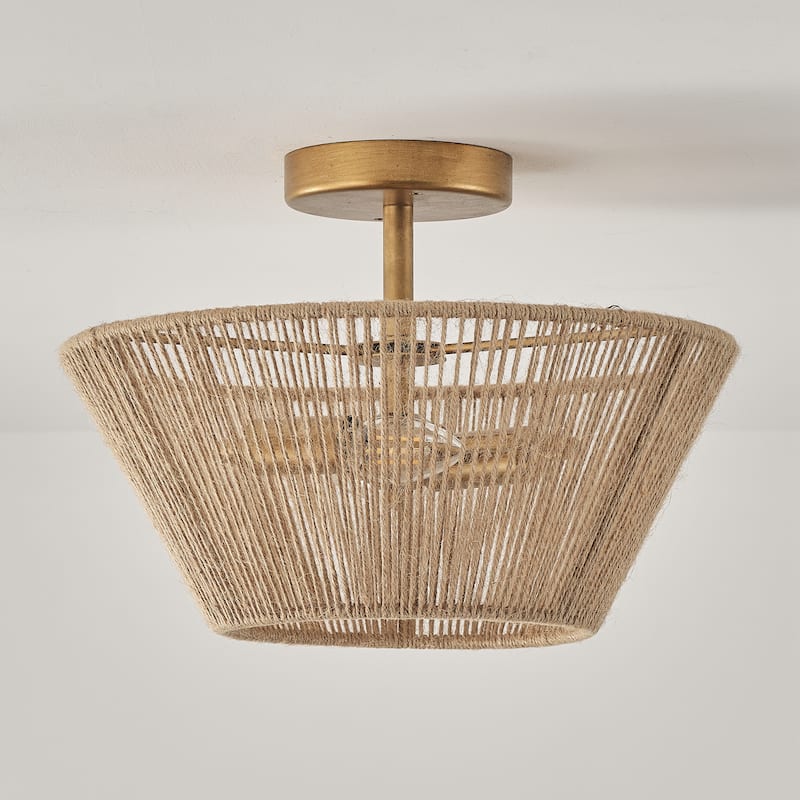 2-Light Bohemian Gold Jute Rope Woven Semi-Flush Mount Ceiling Light ...