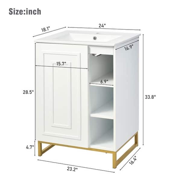 24inch White Bathroom Vanity Sink Combo with Ceramic Basin Gold Legs and Semi-open Storage for ...
