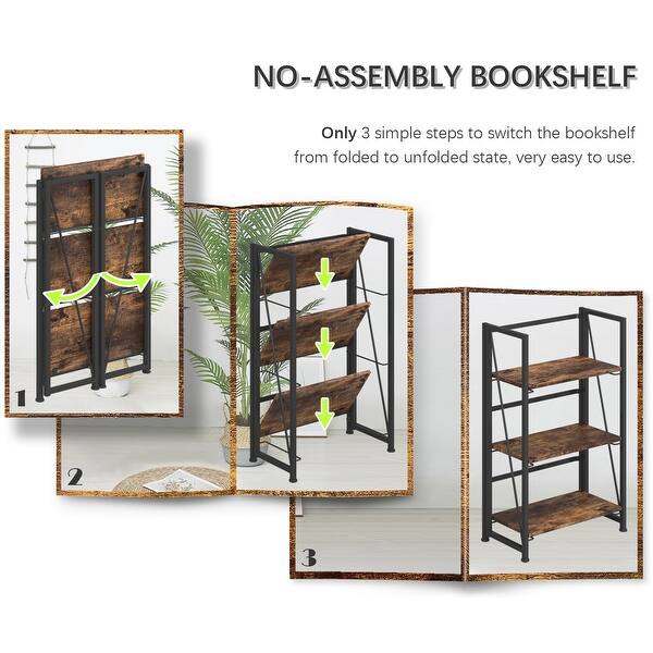 No-Assembly Folding Bookshelf Storage Shelves 3 Tiers Vintage Bookcase ...
