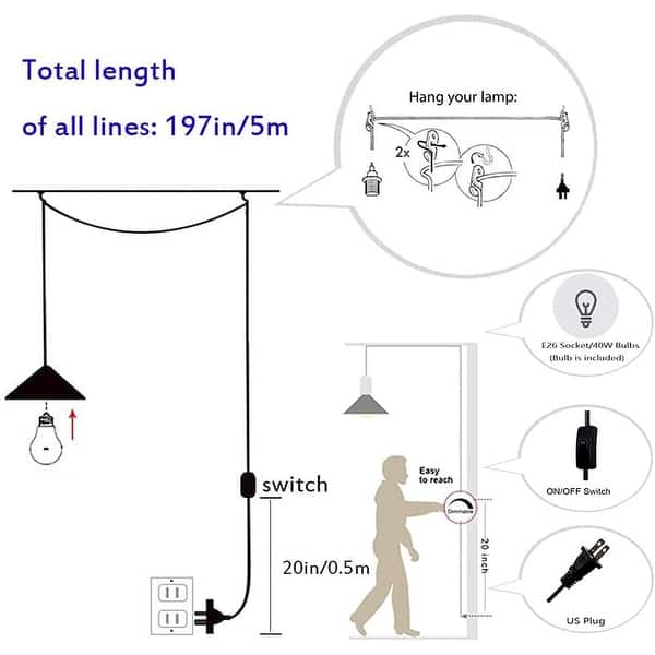Moon Plug in pendant light adjustable hanging ceiling lighting fixture ...