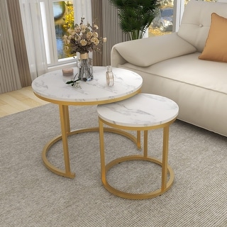 Industrial Round Coffee Table Set of 2, Modern Accent Marble Texture ...