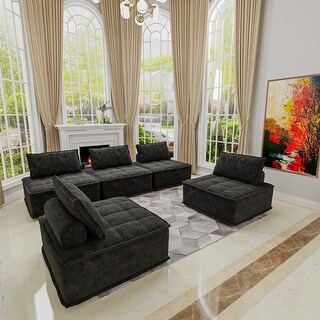 Black Oversized 5-piece Chenille Modular Square Sofa Set with High ...