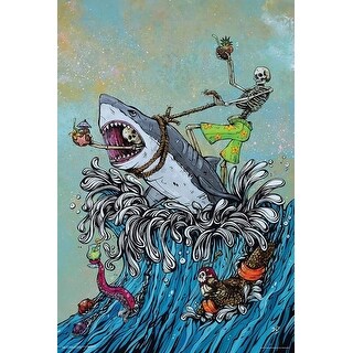 Great White Wave - 2 Skeletons Riding Shark Art Poster - 24 x 36 Inch ...