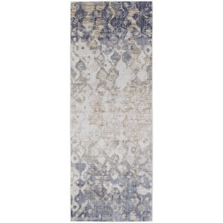 8' Tan Ivory And Blue Abstract Power Loom Distressed Runner Rug - 3'6 ...