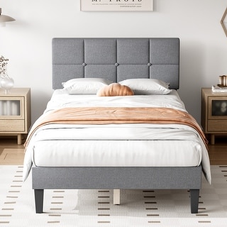 Grey Full Size Linen Upholstered Platform Bed with Adjustable Headboard ...